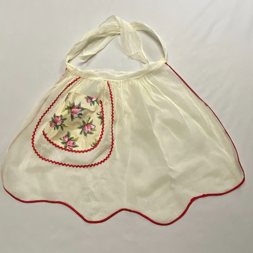 Vintage Floral Pocket Waist Apron Ivory & Red Trim Scalloped Edge For ...