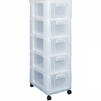 Really Useful Plastic Storage Tower 5 x 12 Litre Clear Drawers & Wheels ...