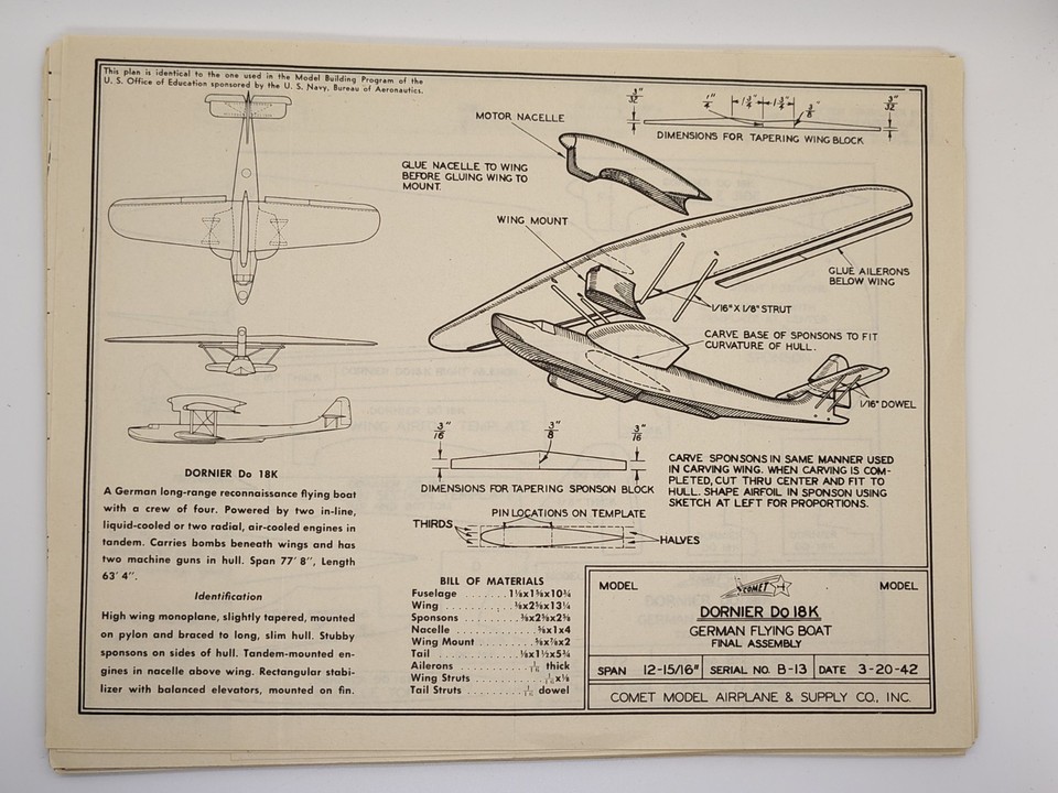 VTG 1930s Comet Model Airplane & Supply Co Complete Plans Series B 1/72 ...
