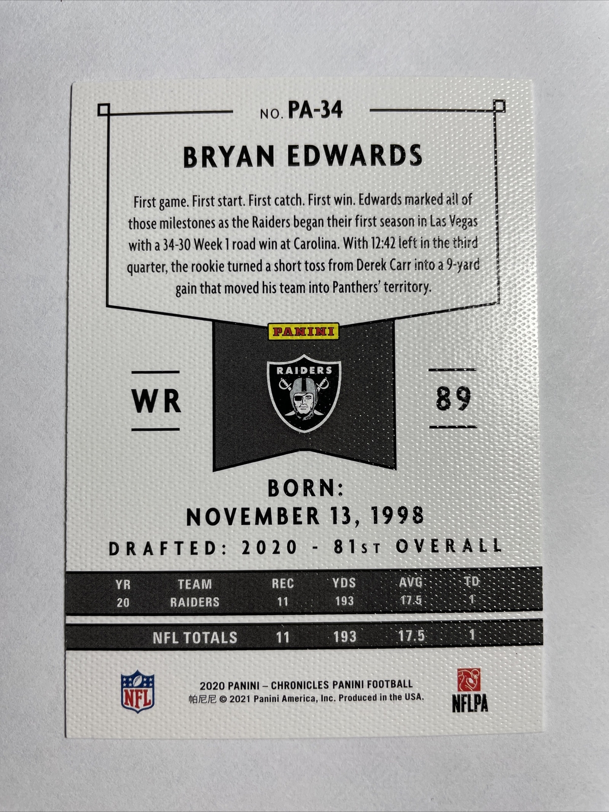 ROOKIE CARD BRYAN EDWARDS Raiders 2020 Panini Chronicles GREEN INSERT # ...