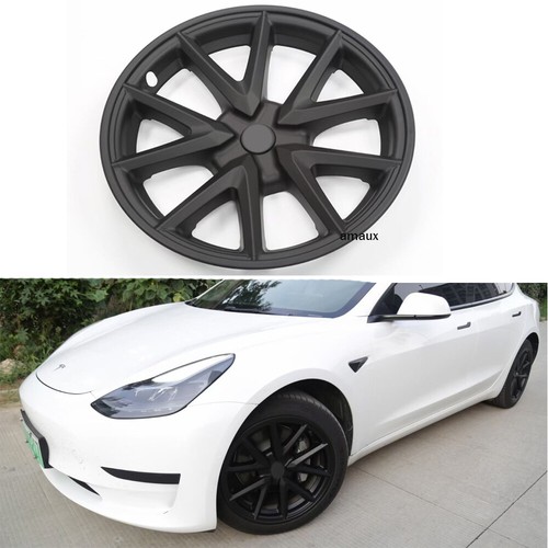 For Tesla Model 3 18" Hubcaps Caps Rim Cover Wheel Hub Matte Black Full ...