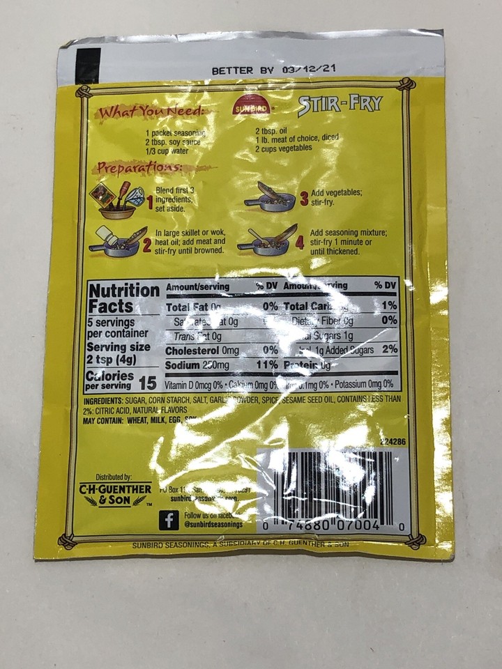 1- SunBird Stir-Fry .74 oz packet Seasoning Mix BBD 03/12/21 FREE ...