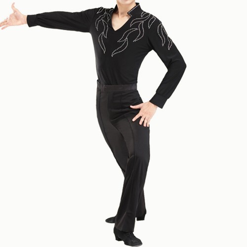 Men Latin Salsa Dance Skating Clothes Costume Long Sleeve Stretch Top ...