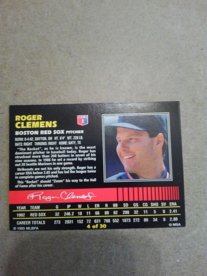 ROGER CLEMENS 1993 POST CEREAL #4 OF 30 FREE SHIPPING | eBay