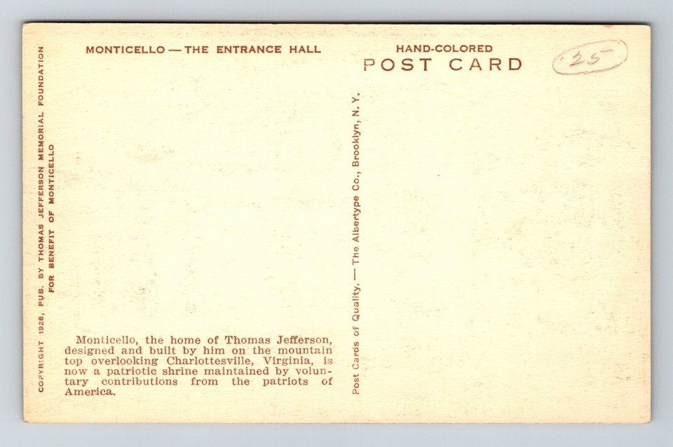 Monticello Jefferson Entrance Hall Hand Colored Charlottesville VA | eBay