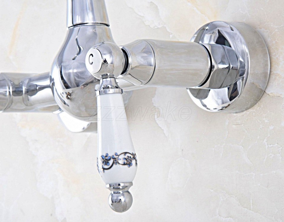 Polished Chrome Ceramic Handles Wall Mounted Kitchen Faucet Basin Sink ...