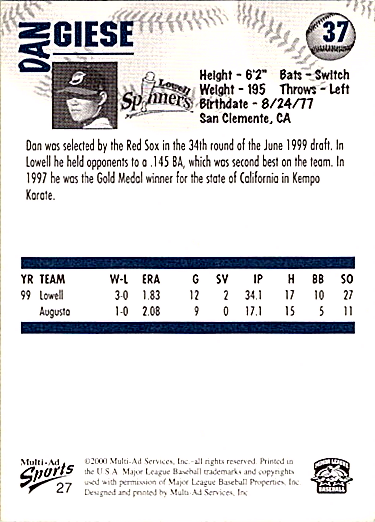 2000 Multi-Ad Lowell Spinners Minor League Baseball #27 Daniel Giese | eBay