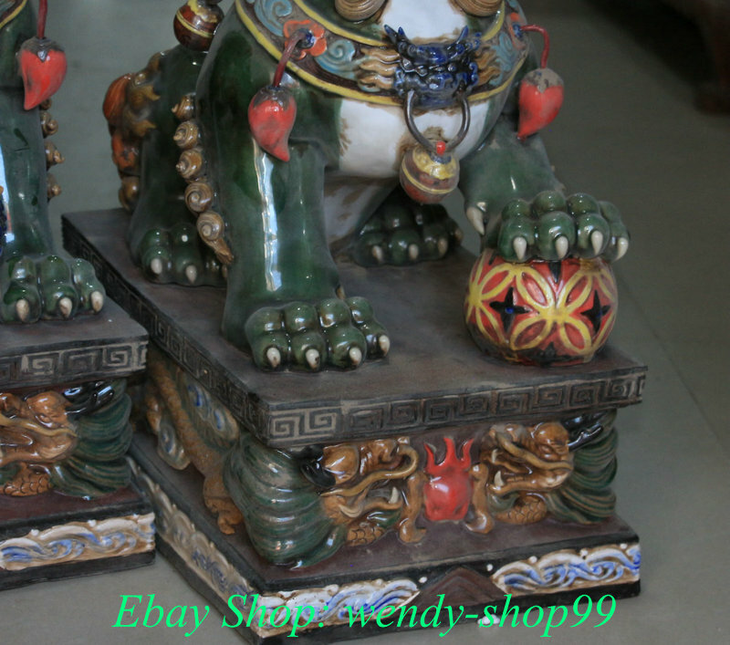 20.8" Old Wucai Porcelain Folk Town House Foo Fu Dog Guardion Lion ...