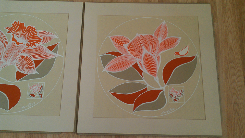 Vintage Jillian Field Orange White Flowers Birds Serigraph Art Signed ...