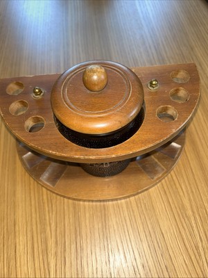 Vintage DUN-RITE Wood 6 Pipe Stand Amber Glass Tobacco Jar Humidor ...