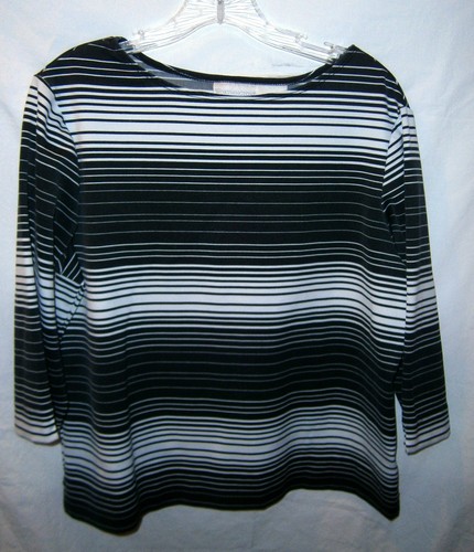 Worthington charcoal & white stpe poly-spdx knit 3/4 sl pullover blouse ...