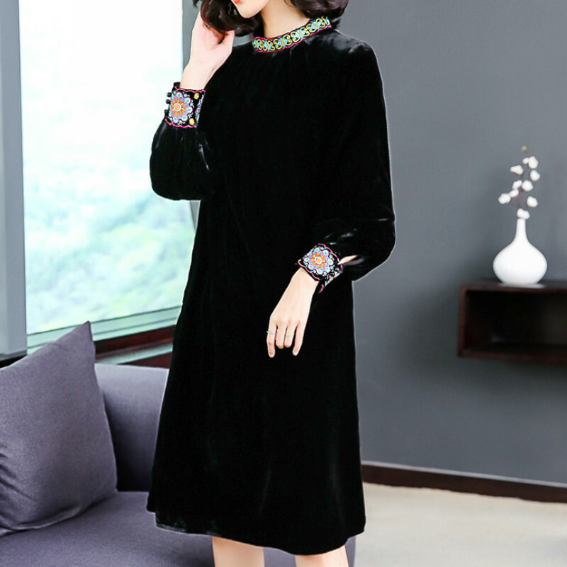 Women Ethnic Velvet Dress Embroidery Chinese Vintage Black Pleuche Boho ...