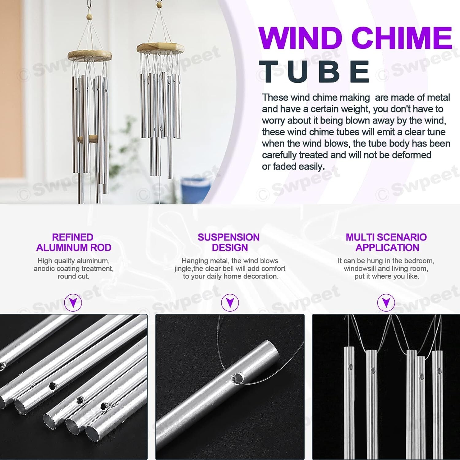 Swpeet 61Pcs Wind Chime Tubes Parts and 100 Yard Wind Chime Wire with ...