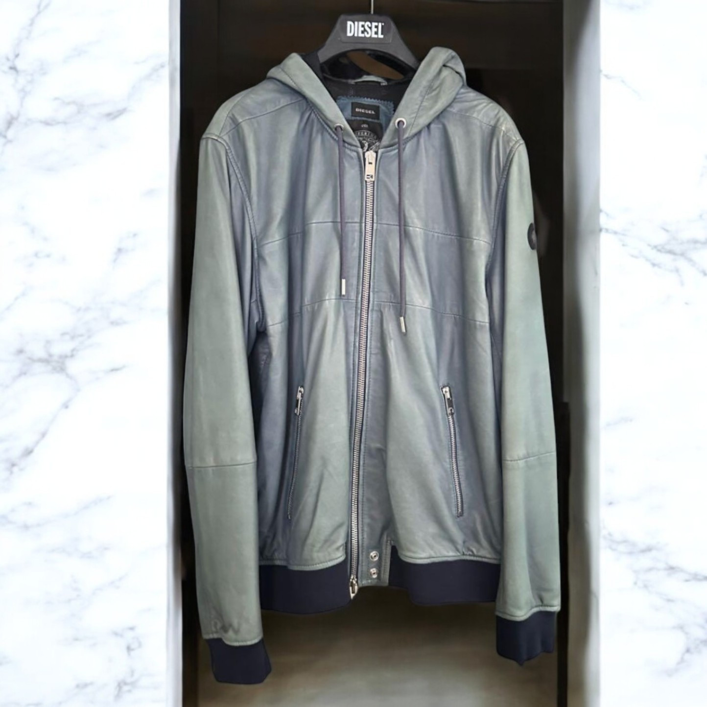 Diesel Blue Lamb Leather Jacket with Hood XL - Rare -… - Gem