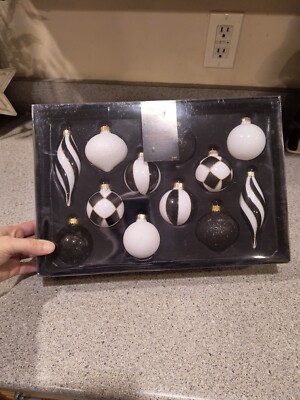 12 Pc Robert Stanley Glass Christmas Ball Ornaments Black & White ...