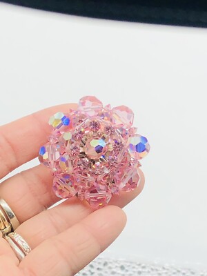 Vtg Unmarked Hot Pink Glass Rhinestones Flower Round Pin Brooch | eBay