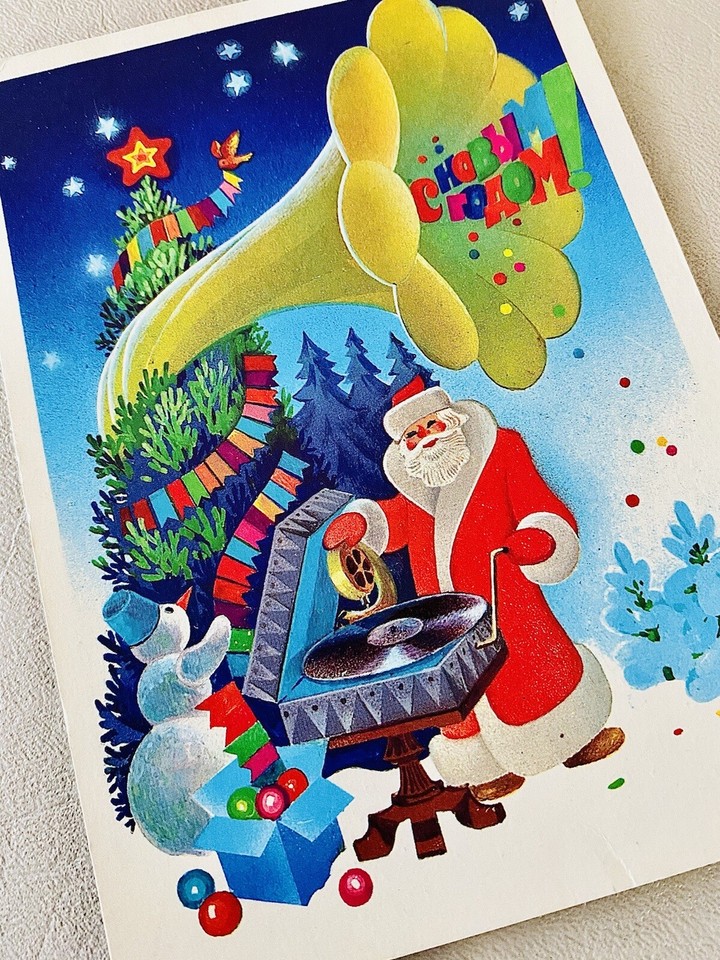 1984 VINTAGE USSR POSTCARD CCCP NEW YEAR OLD XMAS ODD SNOWMAN SANTA ...