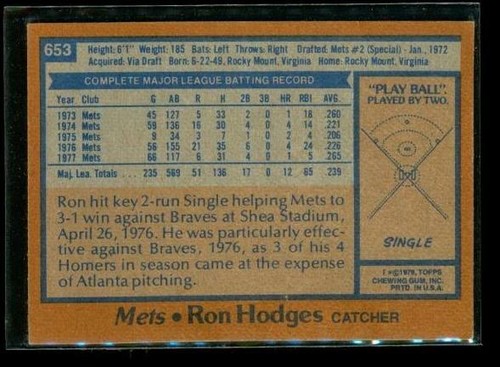 Vintage 1978 TOPPS Baseball Trading Card #653 RON HODGES New York Mets ...