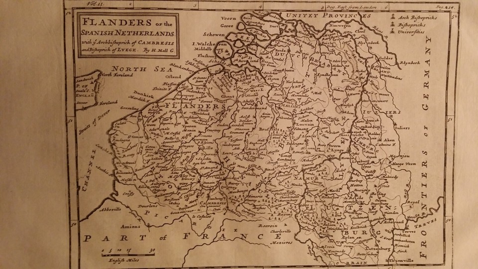 1737 ORIGINAL ANTIQUE COPPERPLATE MAP FLANDERS SPANISH NETHERLANDS ...