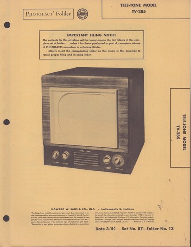 Tele-Tone - TV Receiver - Model TV-285 - Photo Fact Folder - 18 Pages ...