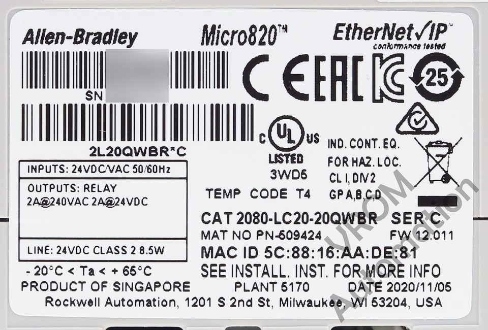 Surplus Allen Bradley 2080-LC20-20QWBR C Micro820 20 I/O ENet/IP ...
