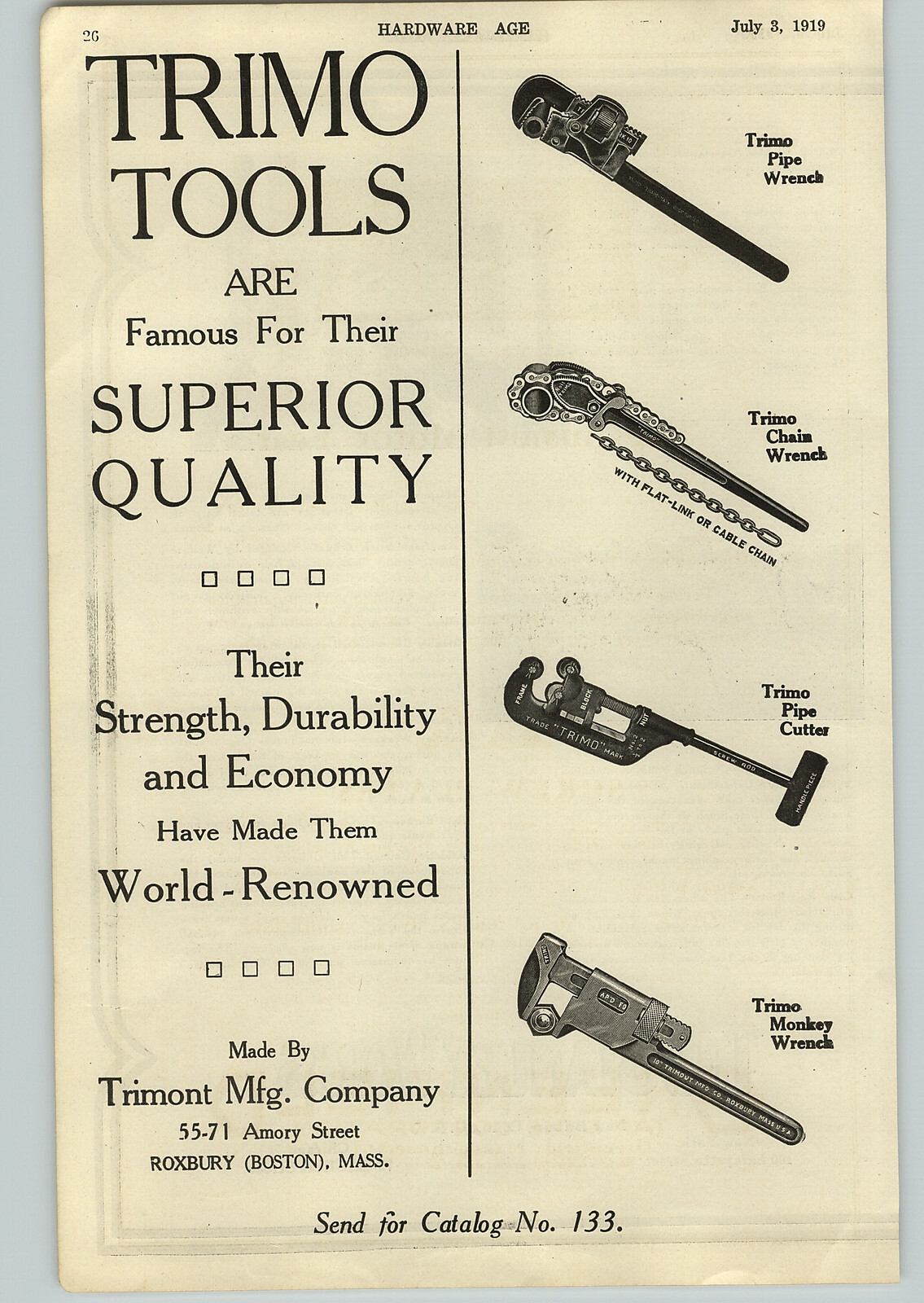 1919 PAPER AD Trimo Tools Pipe Wrench Monkey Trimont Co Roxbury Mass | eBay