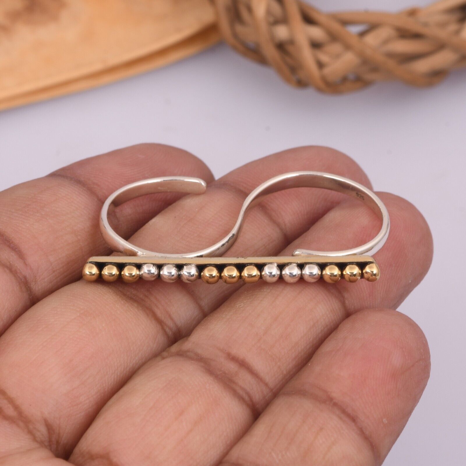 Two Tone Double Finger Ring, Multi Balls Bar Ring, Geometric Ring Gift ...