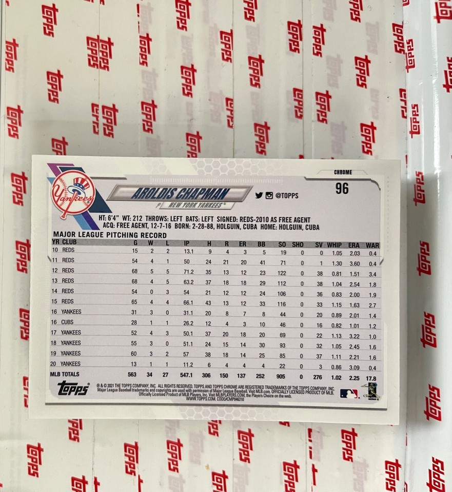 2021 Topps Chrome Aroldis Chapman Pink Refractor # 96 New York Yankees ...