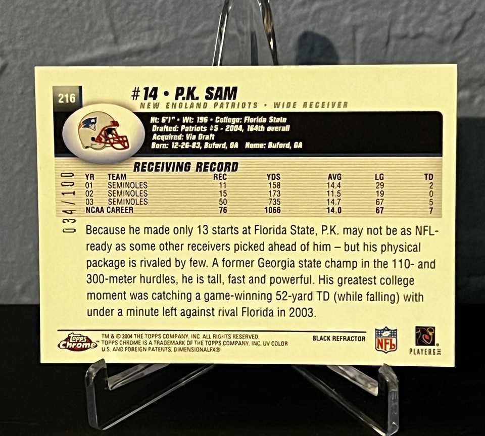 P.K. Sam 2004 Topps Chrome Black Refractor /100 Rookie #216 New England ...