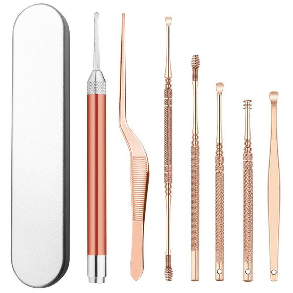 7pcs Rose Gold Stainless Steel Ear Pick LED Flashlight Ear Good Removal ...