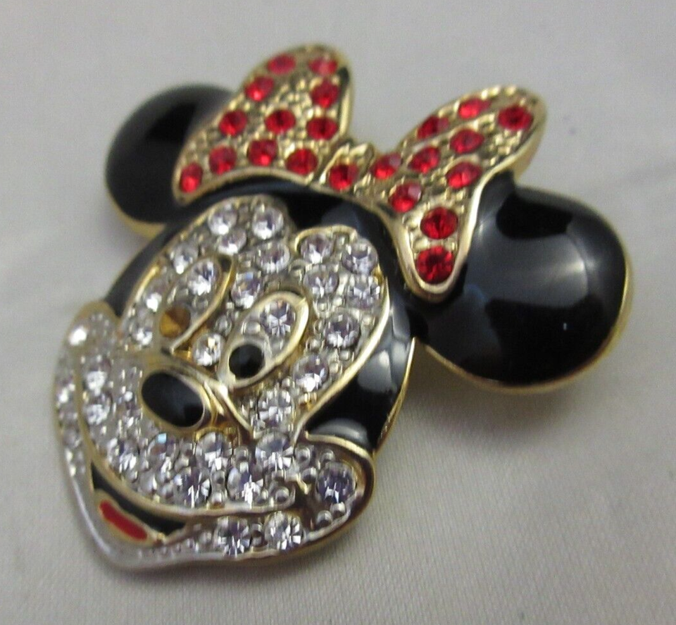 Disney Signed Minnie Mouse Brooch Black Enamel Clear & Red Rhinestones ...
