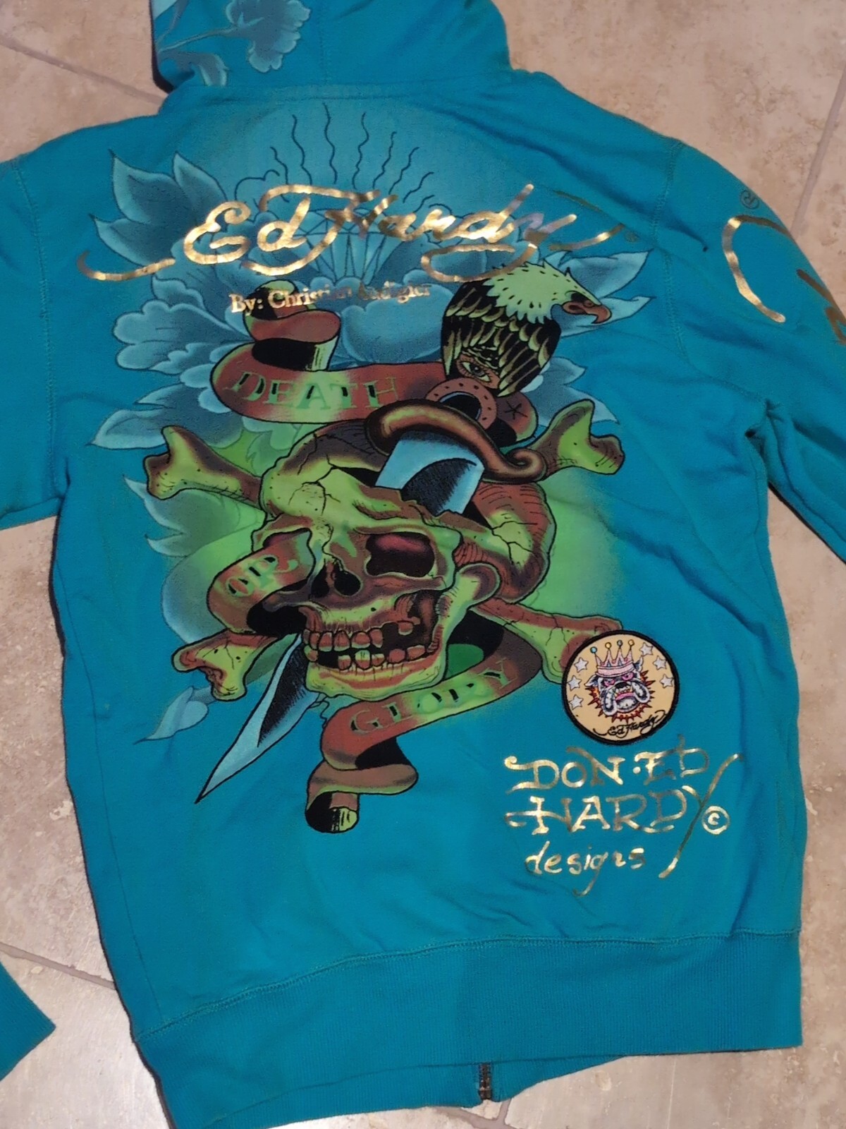 Blue Gold Ed Hardy Hoodie By Christian Audigier Skull Dagger Death Or ...