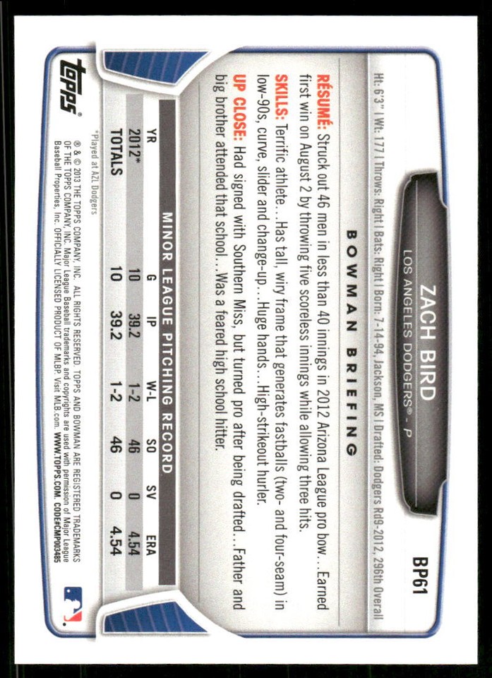 Zach Bird 2013 Bowman Prospects #BP61 Los Angeles Dodgers | eBay