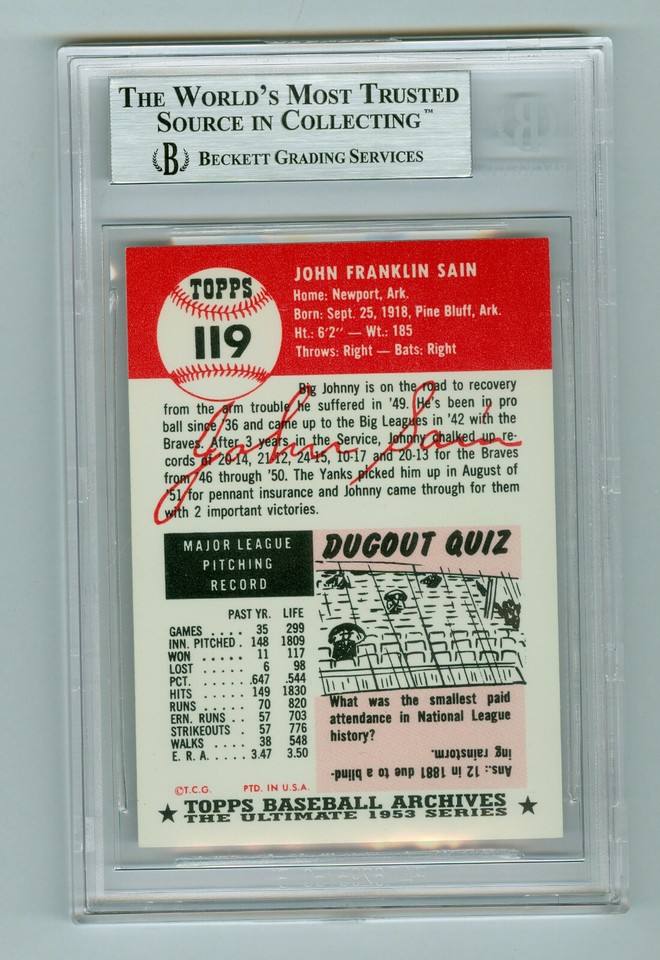 John Sain Autographed 1953 Topps Archives Card #119 Yankees Beckett ...
