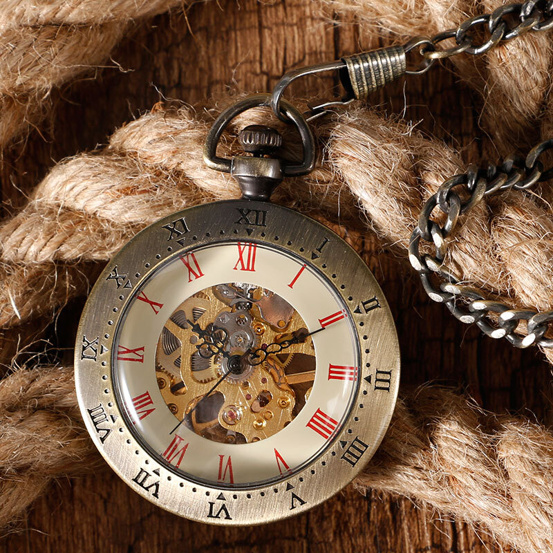 Antique Style Open Face Skeleton Mechanical Pocket Watch with Chain ...