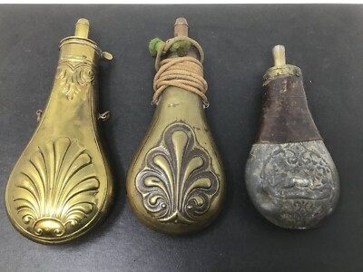 Lot Of 3 Antique Powder Flask Brass/ Tin Rabbit Scene AM Flask & Cap ...