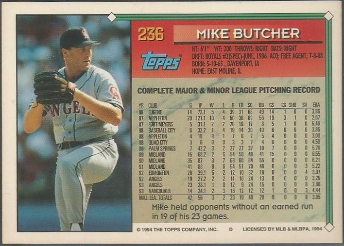 1994 Topps Baseball Card #236 - Mike Butcher - Pitcher - California ...