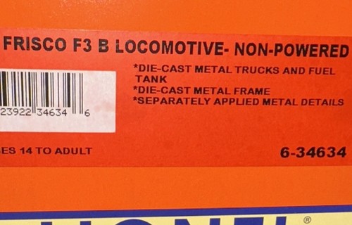 Lionel 6-34634 FRISCO F-3 Diesel Locomotive B Unit NON-POWERED O-Scale ...
