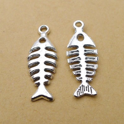 25 or 60PCS Antique Silver Tone Fish Bone Charm Pendant, Fish Skeleton ...