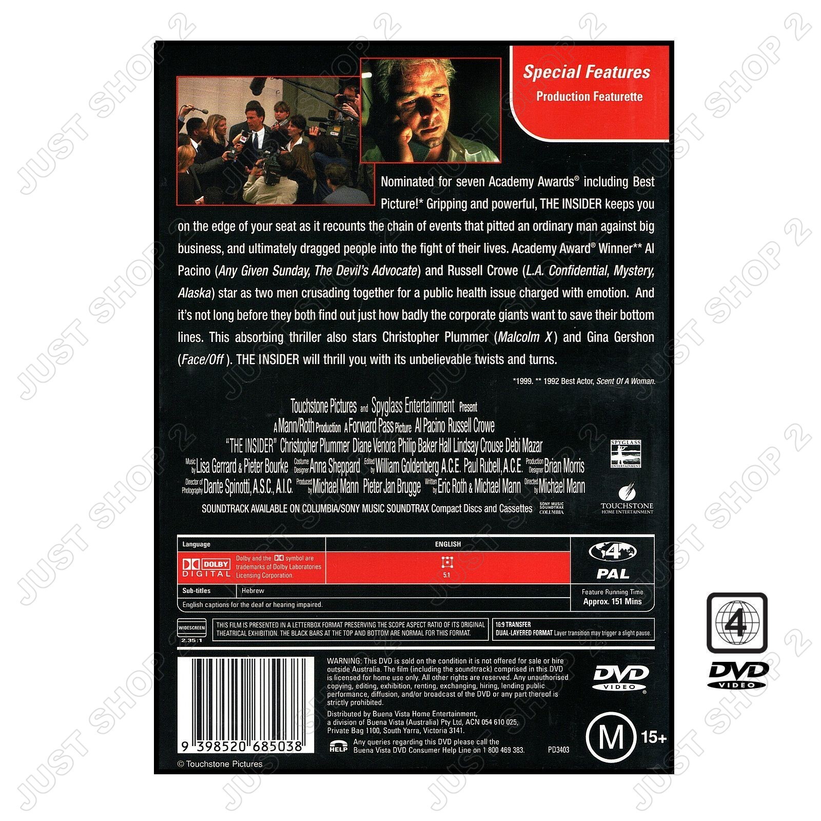 The Insider DVD : Al Pacino / Russell Crowe : Drama / Thriller Movie : Brand New 9398520685038 ...