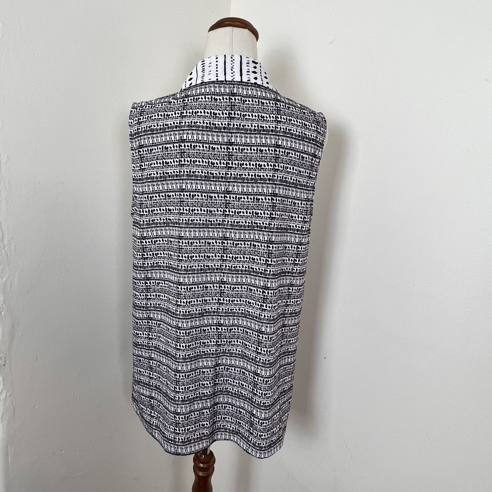 Basque Black & White Geo Print Sleeveless Collared Corporate Blouse ...