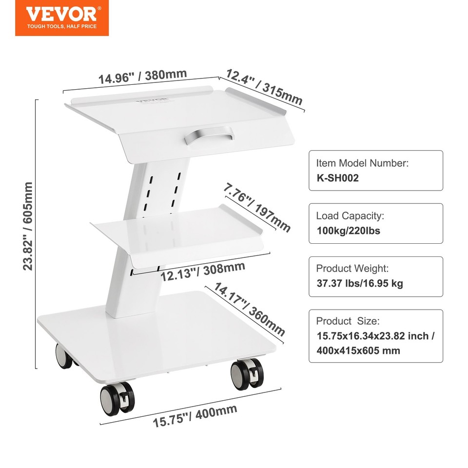 VEVOR Lab Trolley, 3-Layer Rolling Lab Cart, Metal Mobile Trolley With ...