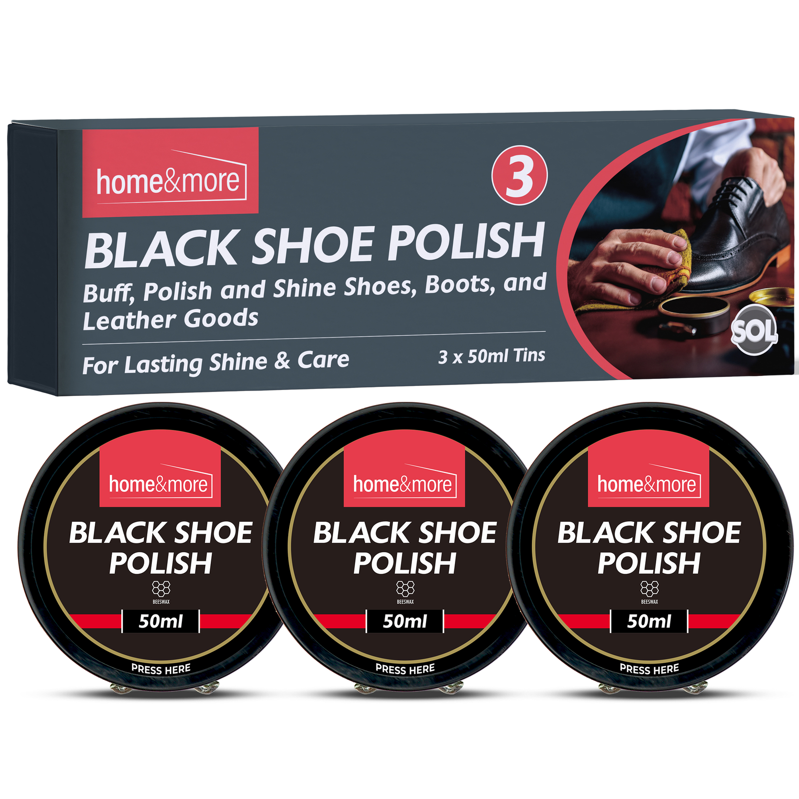 3pk Wax Shoe Polish Black x 50ml Traditional Leather Boot Shine Cleaner ...