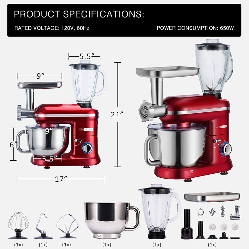 3 in 1 6 Quart Stand Mixer 650W 6-Speed Meat Grinder Juice Blender ETL ...