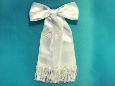 NEW Boys First Communion White Satin Bow Armband cross-made in USA | eBay