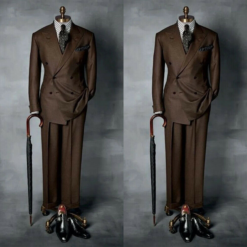 Men Suit Dark Brown Double Breasted Business Prom Groom Tuxedo Wedding ...