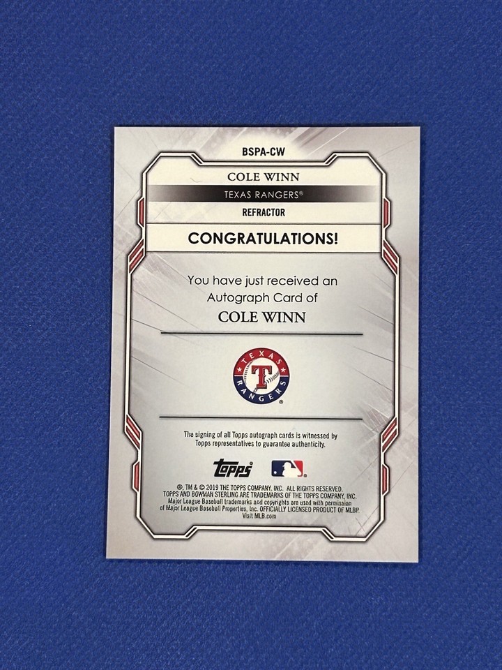Cole Winn 2019 Bowman Sterling Refractor Autograph #BSPA-CW /150 Card ...