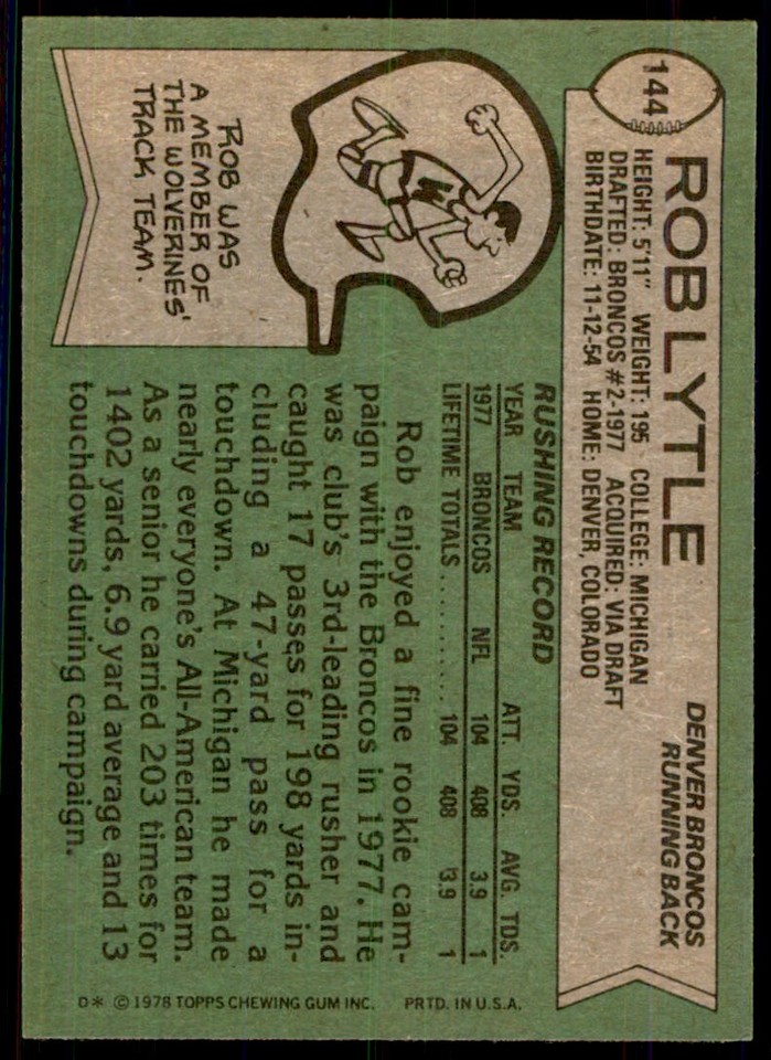 1978 Topps Rob Lytle Rookie b Denver Broncos #144 | eBay