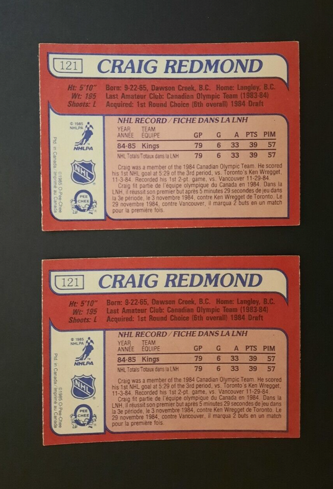 1985-86 O-Pee-Chee #121 Craig Redmond Rookie 2 Card Lot NM-MINT L.A ...