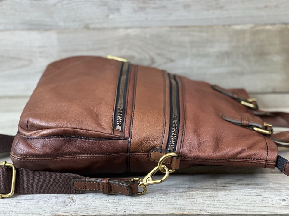 FOSSIL Explorer Leather Tote BROWN Foldover Messenger Bag CROSSBODY | eBay